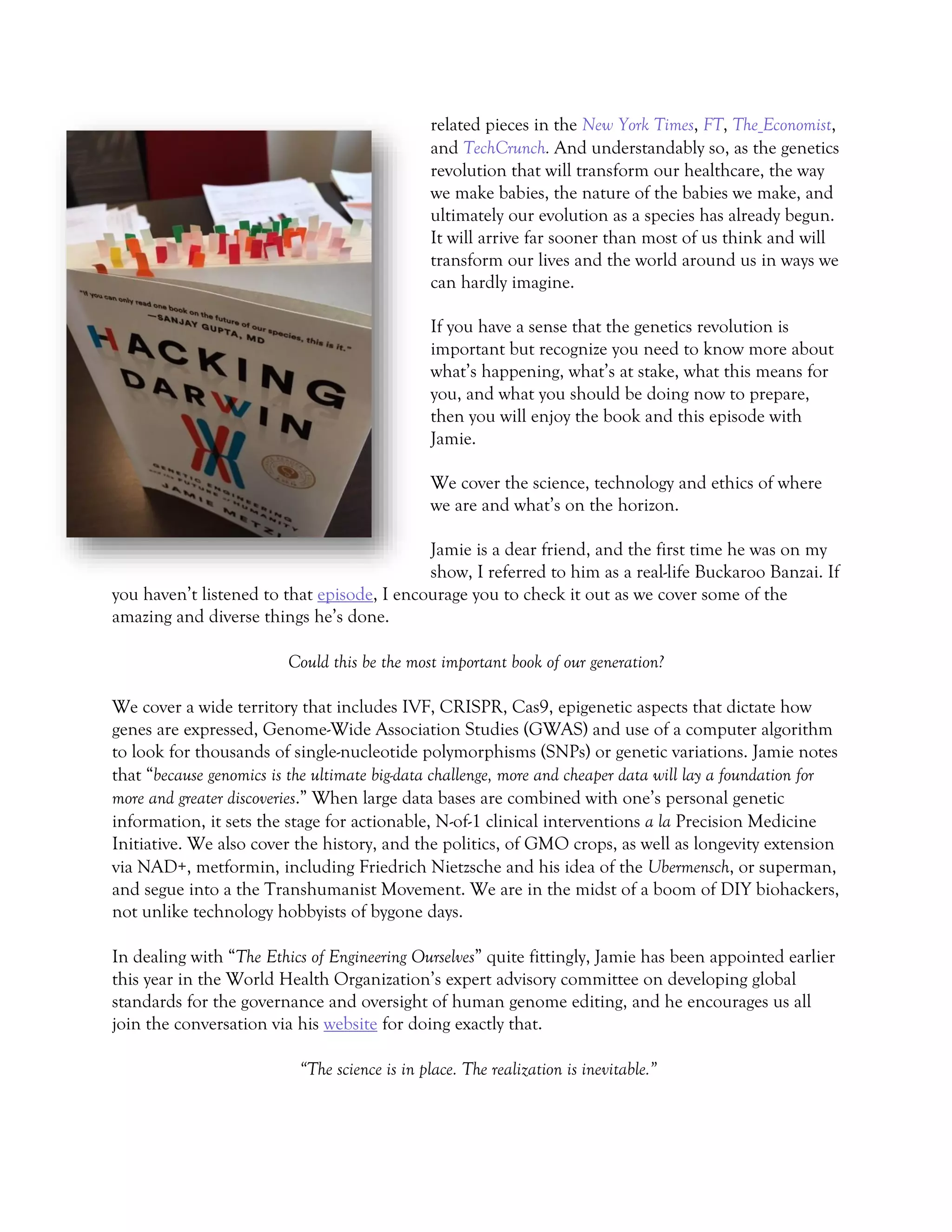 Science, Technology and Ethics: Hacking Darwin with Jamie Metzl, PhD | PDF