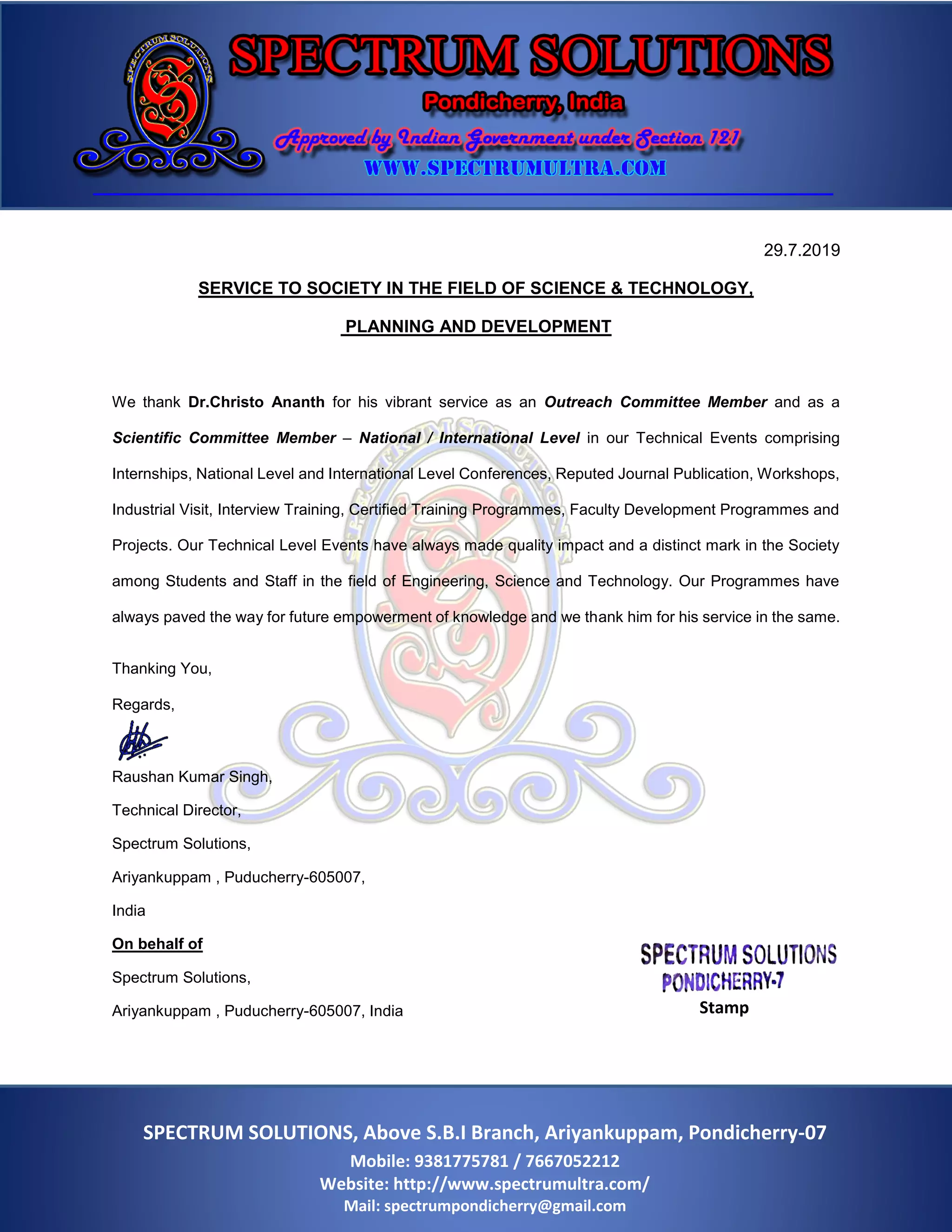 Christo Ananth, Service to Society in the field of Science & Technology ...