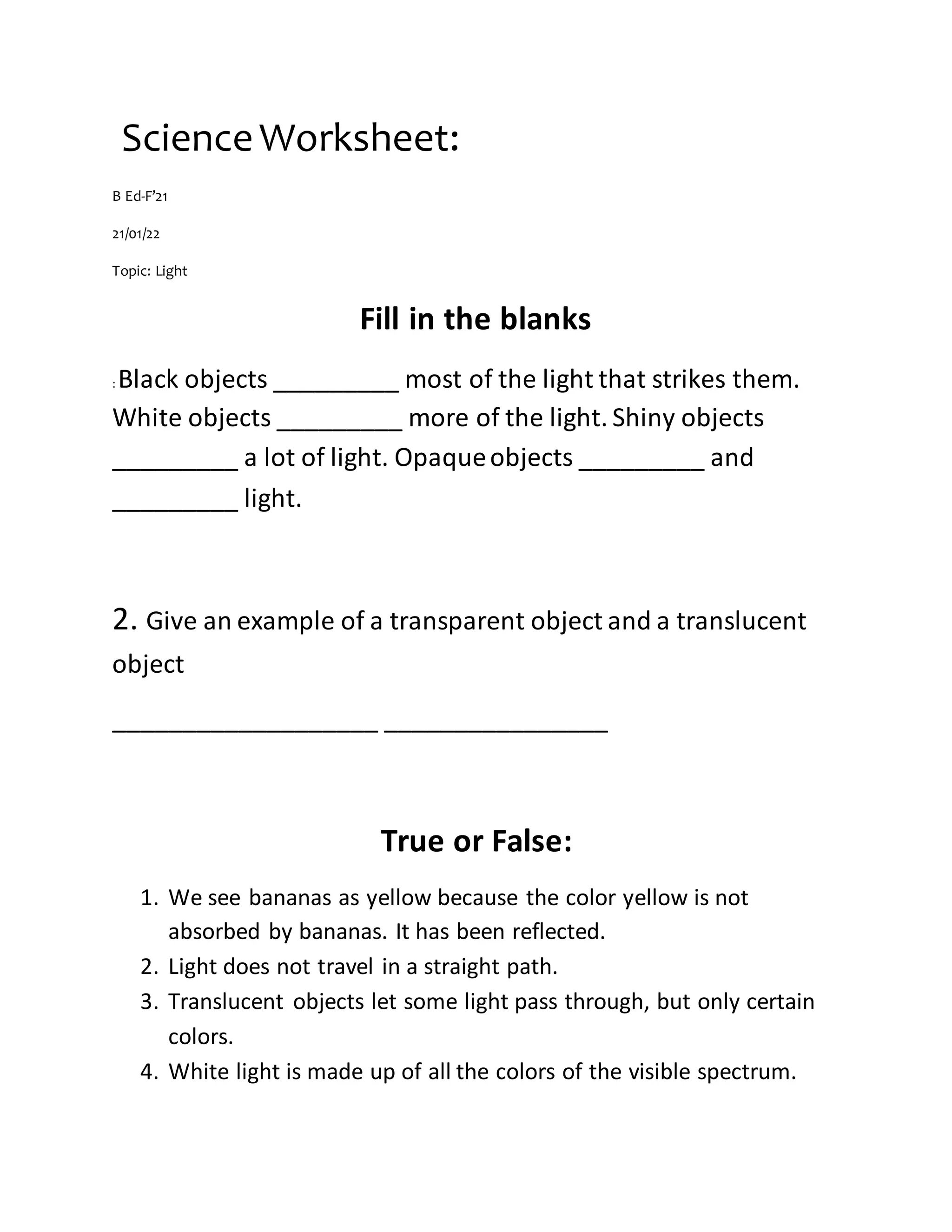 Light_Science_Worksheet.docx | Physics | Science