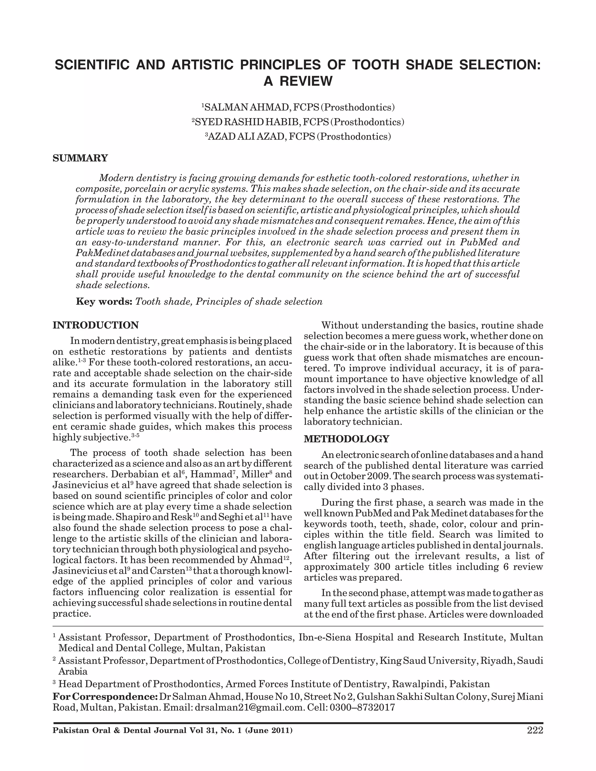 Scientific and artistic principles of tooth shade selection | PDF ...