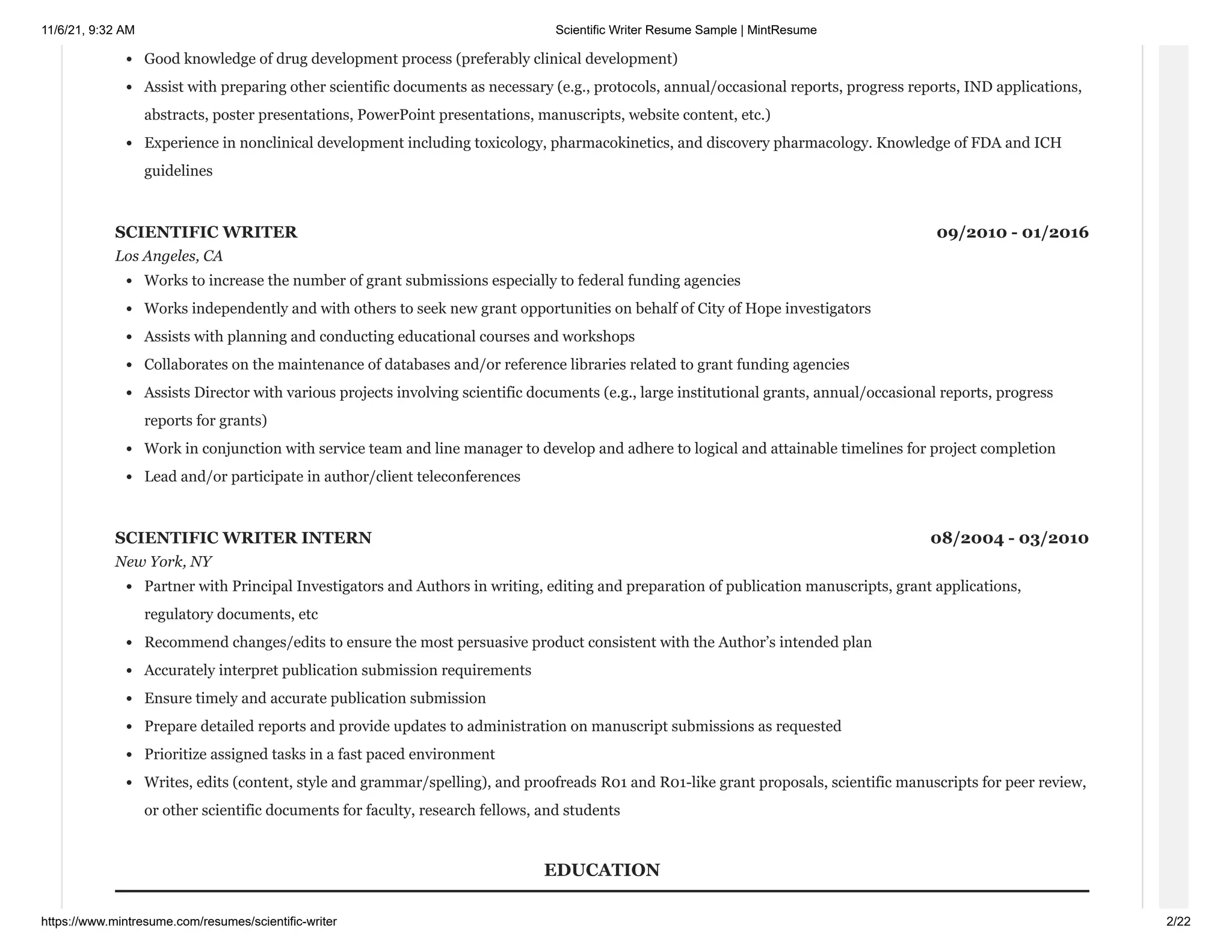 Scientific Writer Resume Sample for work | PDF