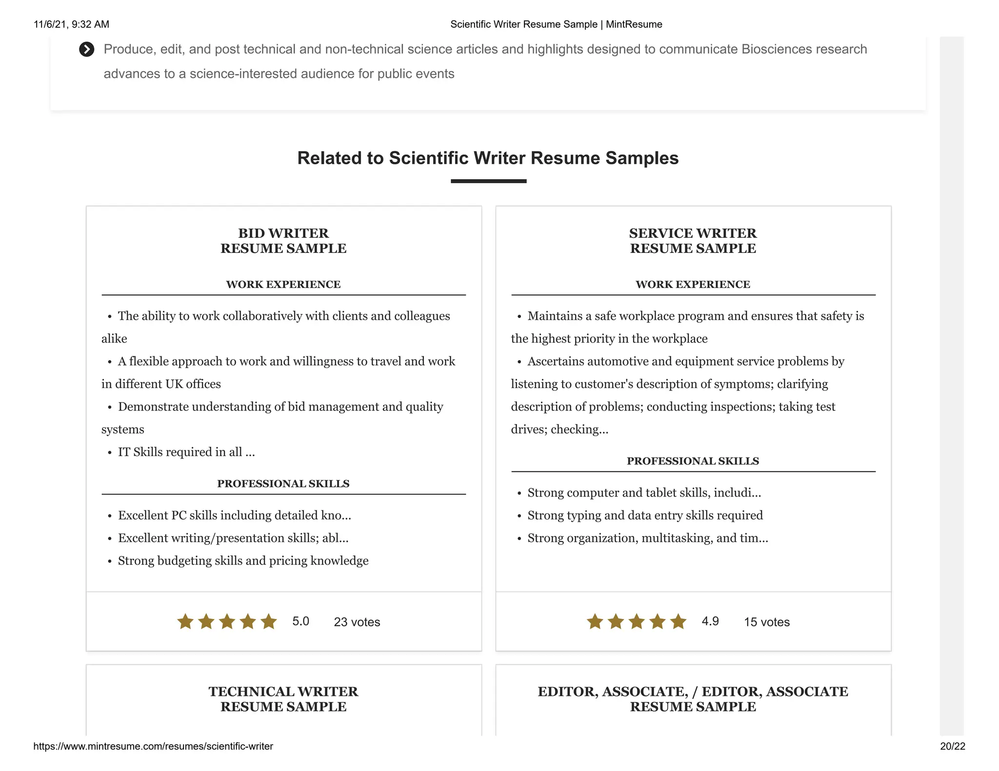 Scientific Writer Resume Sample for work | PDF