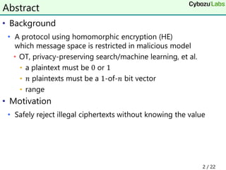 A compact zero knowledge proof to restrict message space in homomorphic encryption | PPT