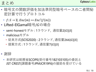 Lifted-ElGamal暗号を用いた任意関数演算の二者間秘密計算プロトコルのmaliciousモデルにおける効率化 | PDF