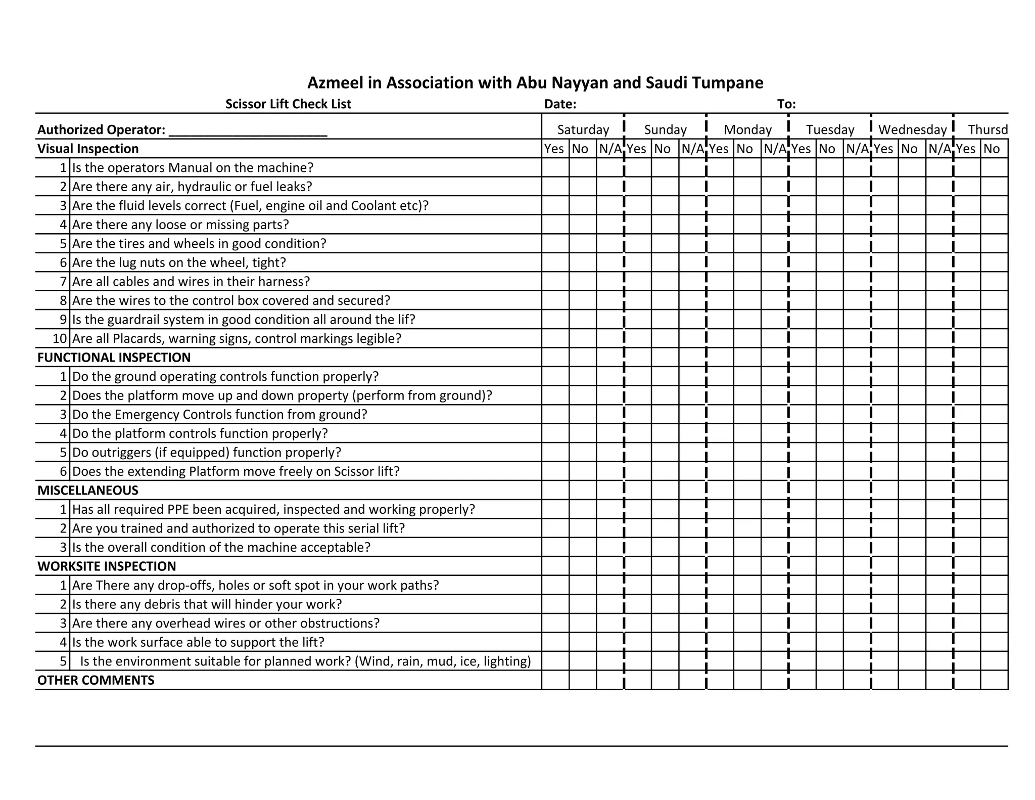 Scissor lift 2 daily inspection log | PDF