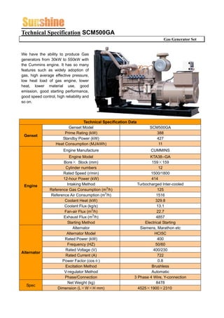 500kva Cummins gas generator specification sheet | PDF
