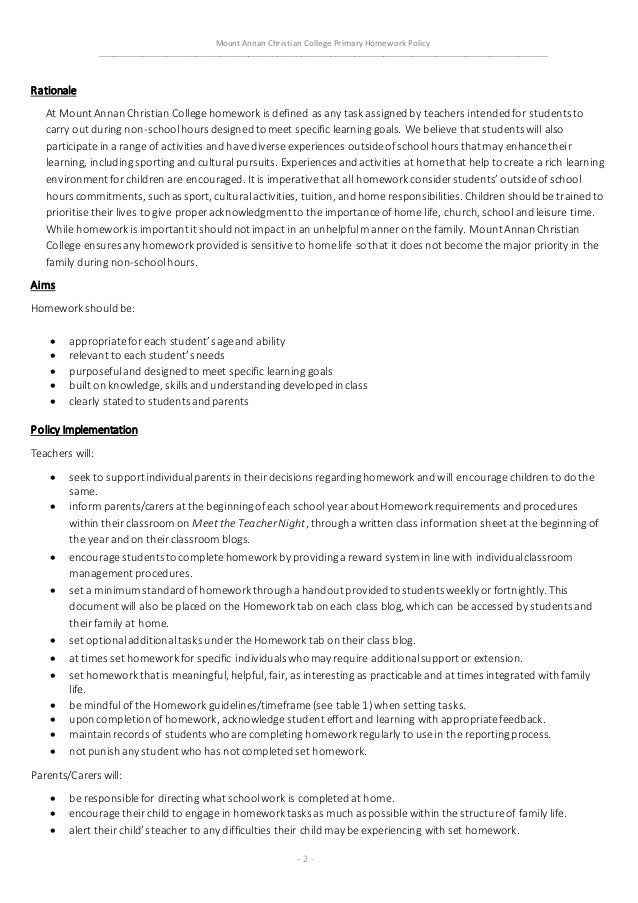 Primary homework policy