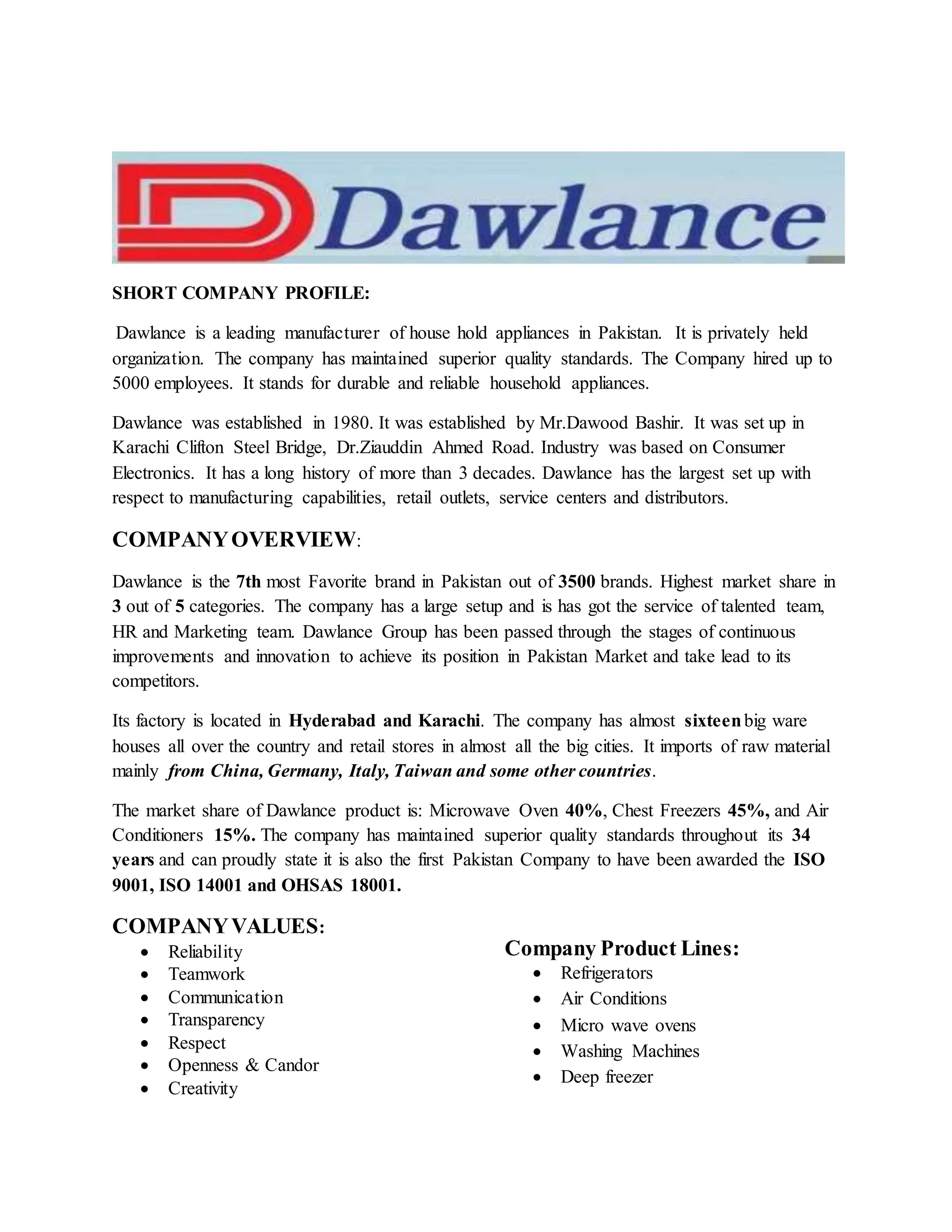 Supply Chain Management of Dawlance | DOCX