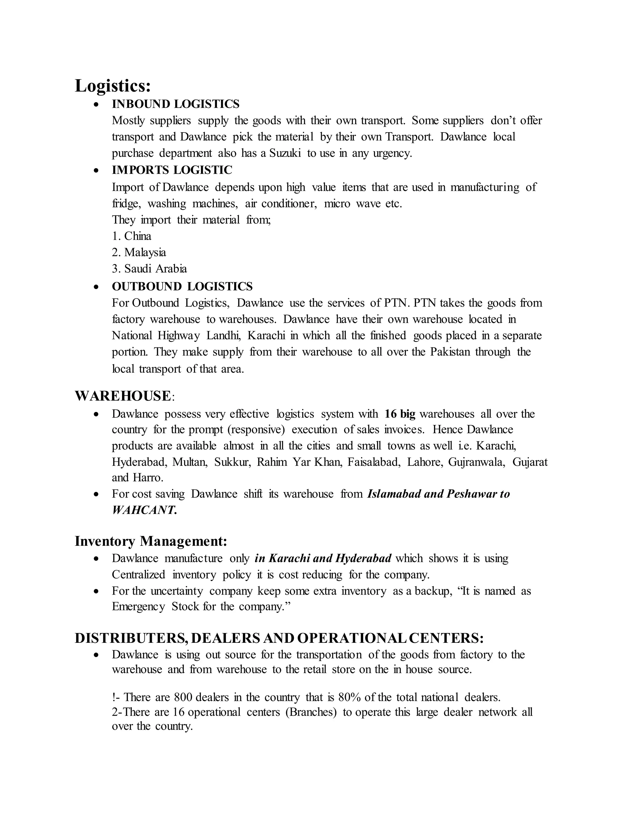 Supply Chain Management of Dawlance | DOCX