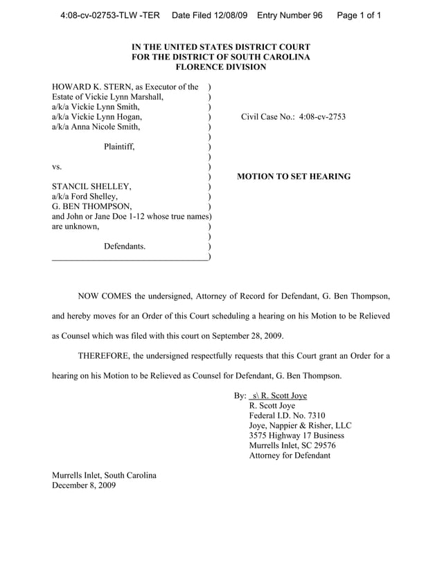 Motion To Set Hearing Scott Joye | PDF