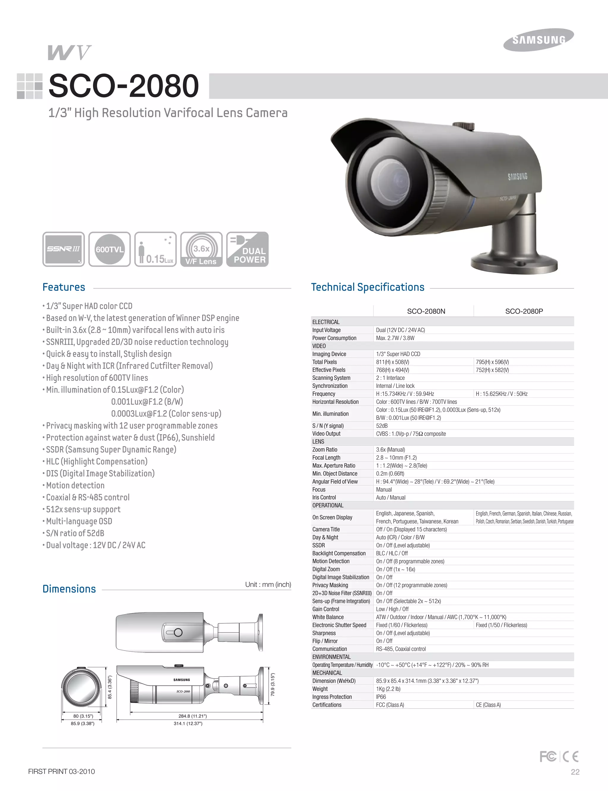 Samsung Techwin SCO-2080 Data Sheet | PDF