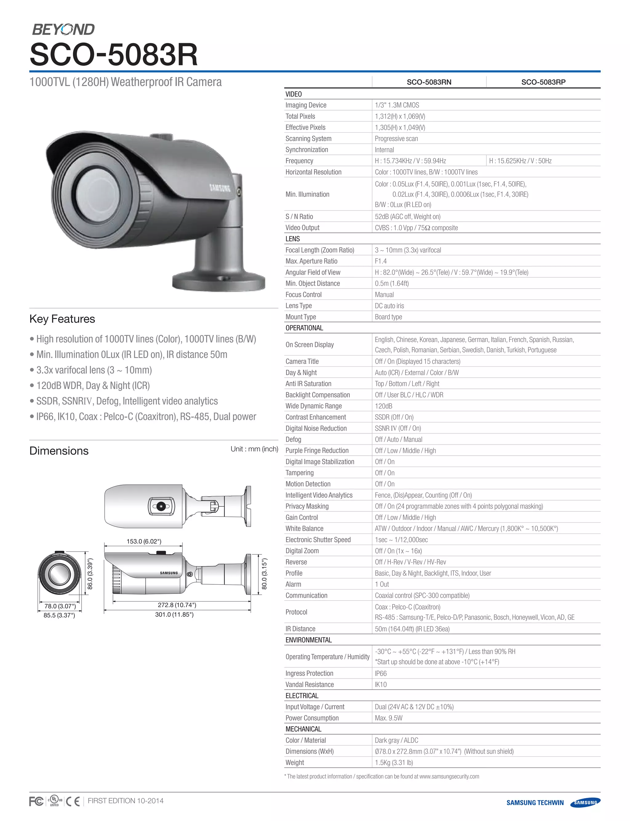 Samsung Techwin SCO-5083R Data Sheet | PDF
