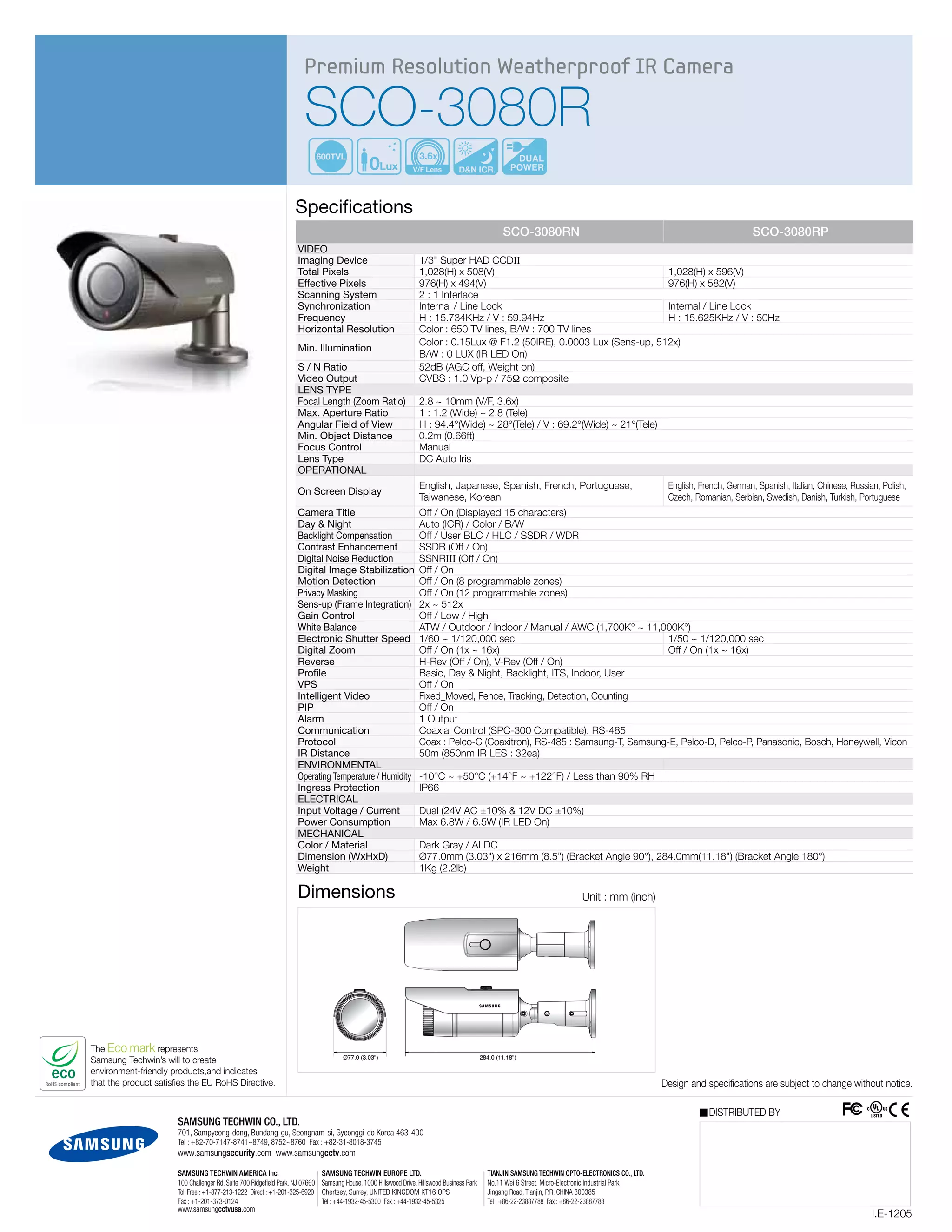 Samsung Techwin SCO-3080R Data Sheet | PDF
