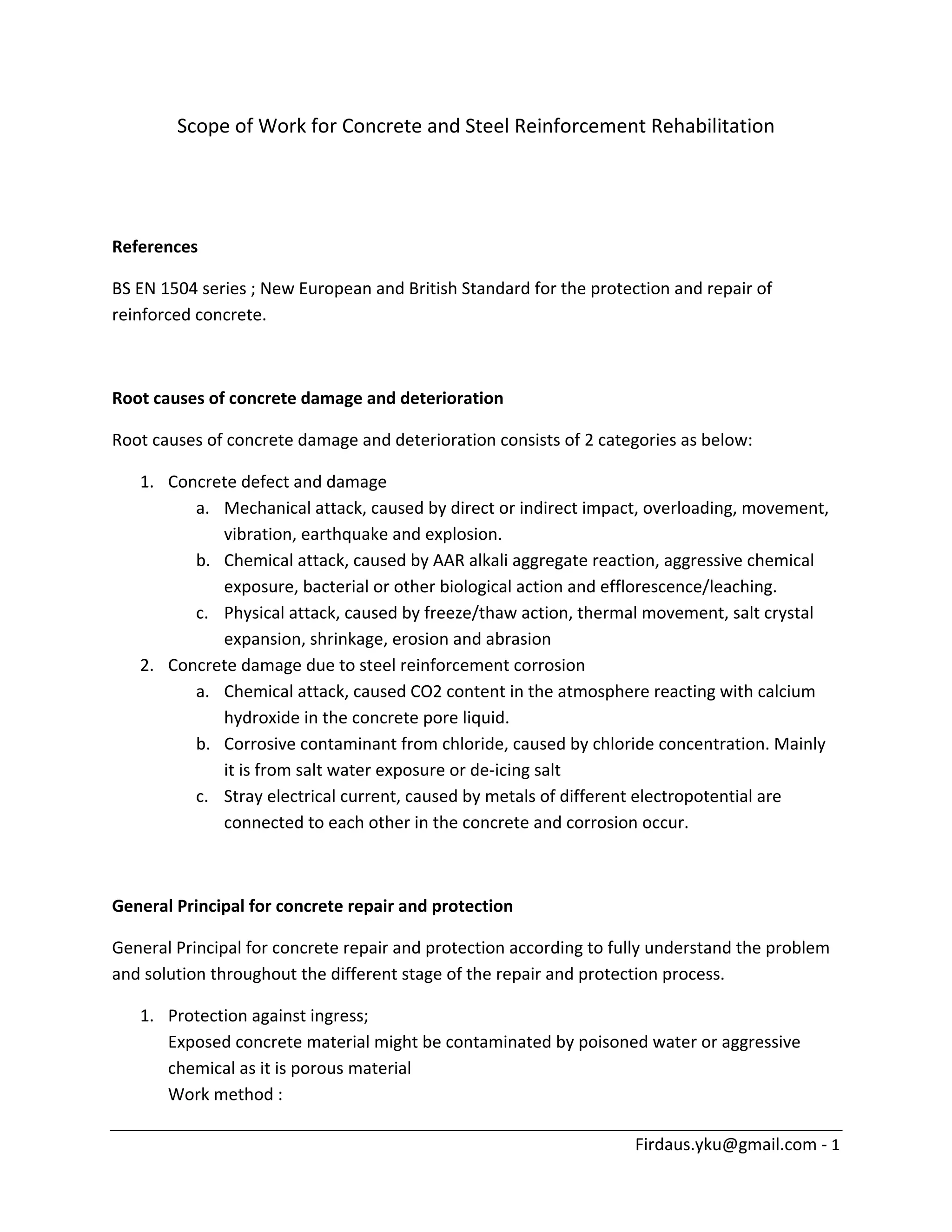Scope of work for concrete and steel reinforcement Rehabilitation | PDF