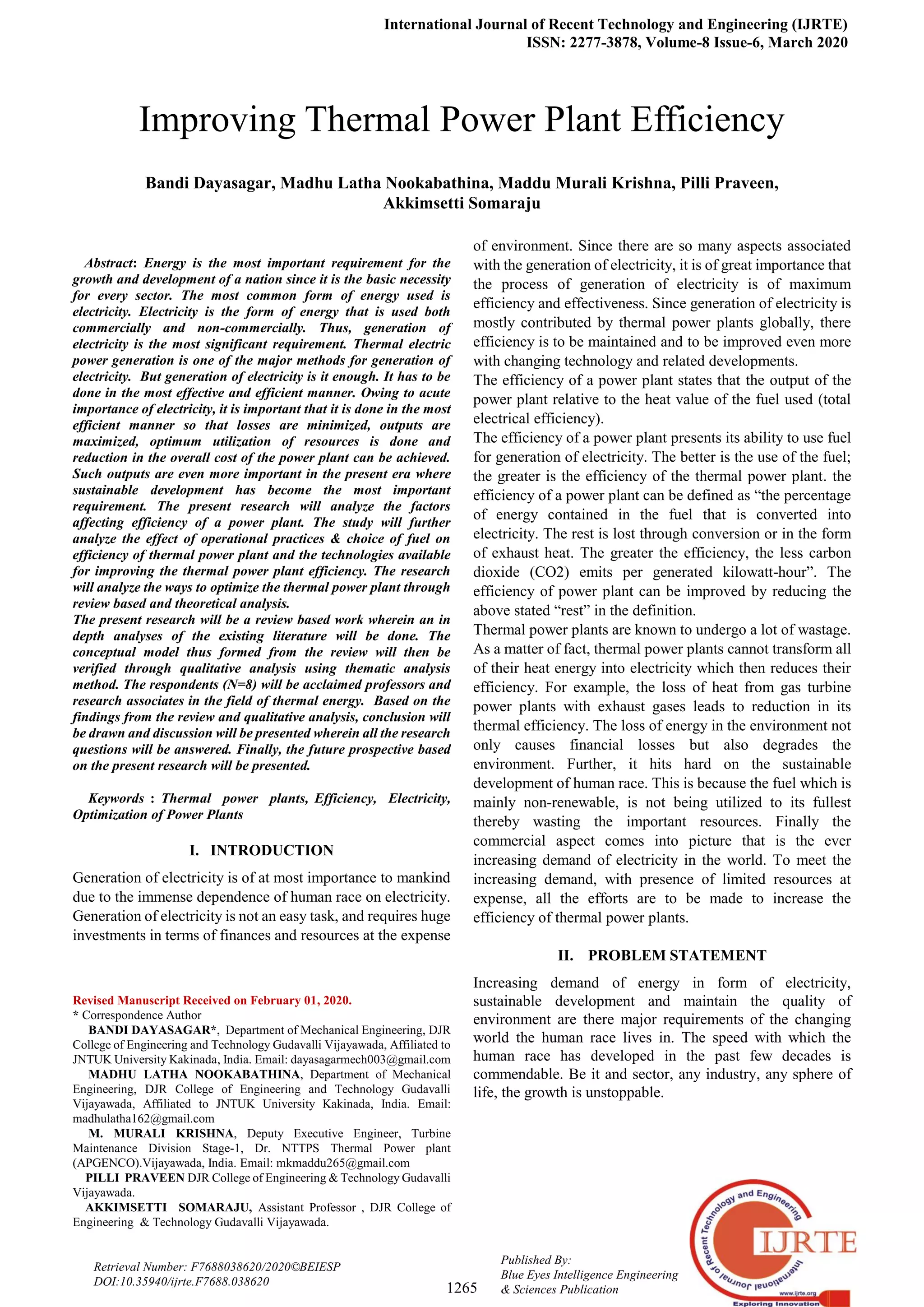 BANDI DAYASAGAR RESEARCH PAPER / Improving Thermal Power Plant ...