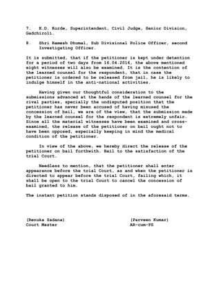 Supreme Court Order on GN Saibaba Bail Case (04.04.2016) | PDF