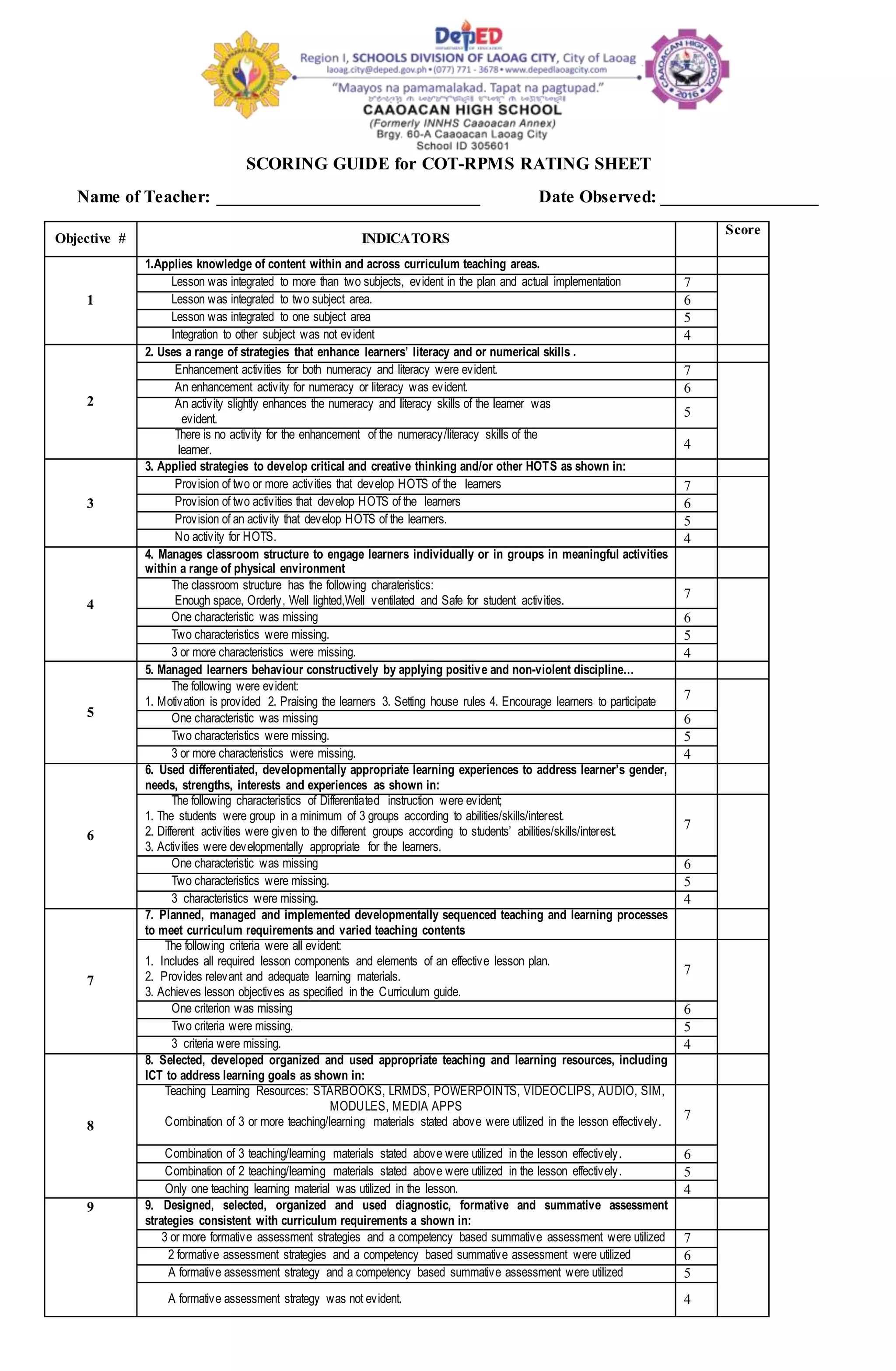 Scoring guide rating sheet rpms | DOCX