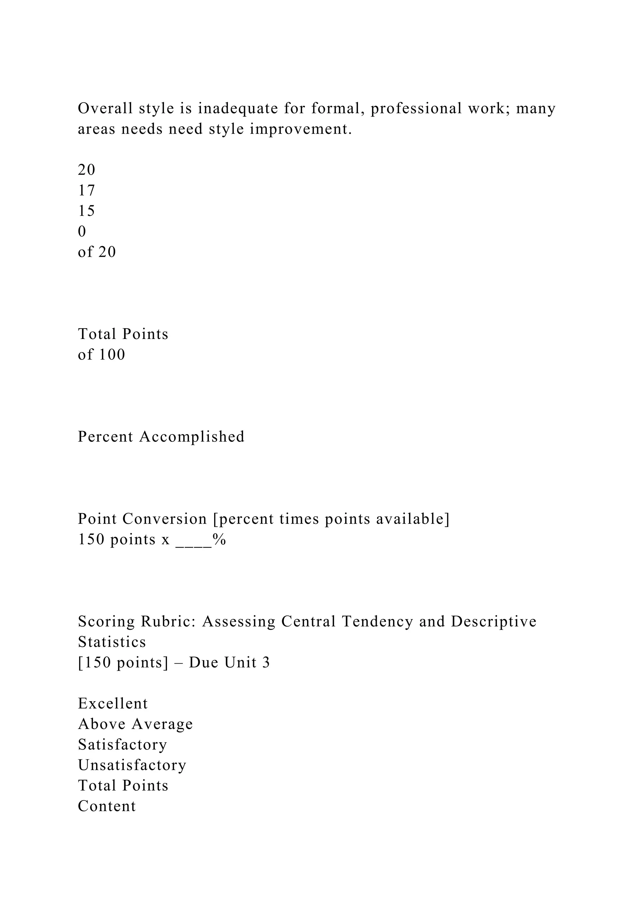 Scoring Rubric Assessing Central Tendency and Descriptive Statist.docx | Educational Assessment ...