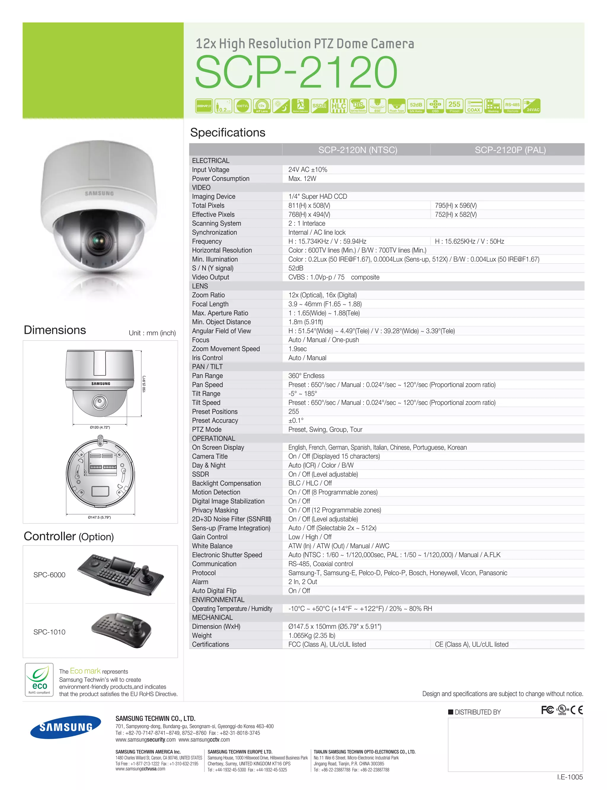 Samsung Techwin SCP-2120 Data Sheet | PDF