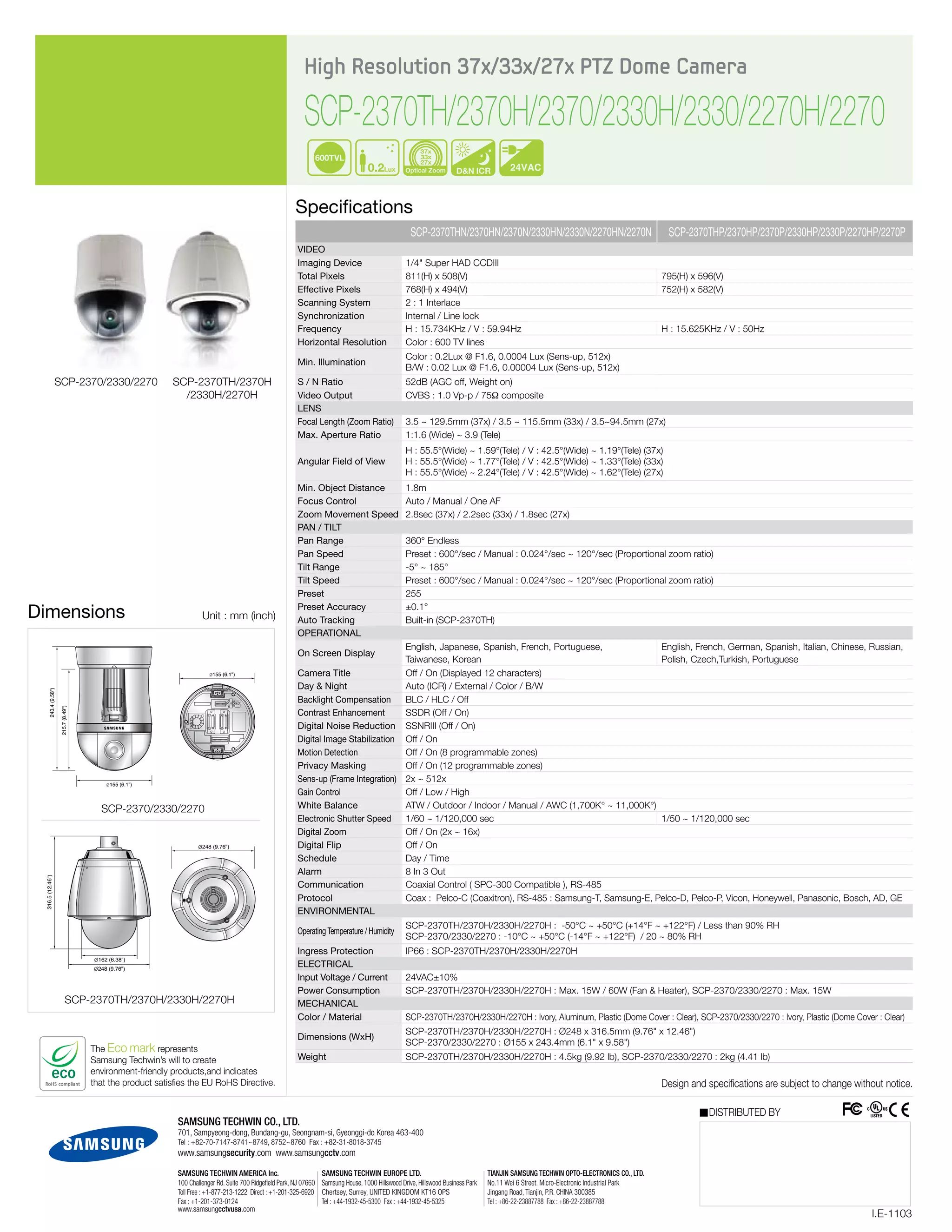 Samsung Techwin SCP-2270 Data Sheet | PDF