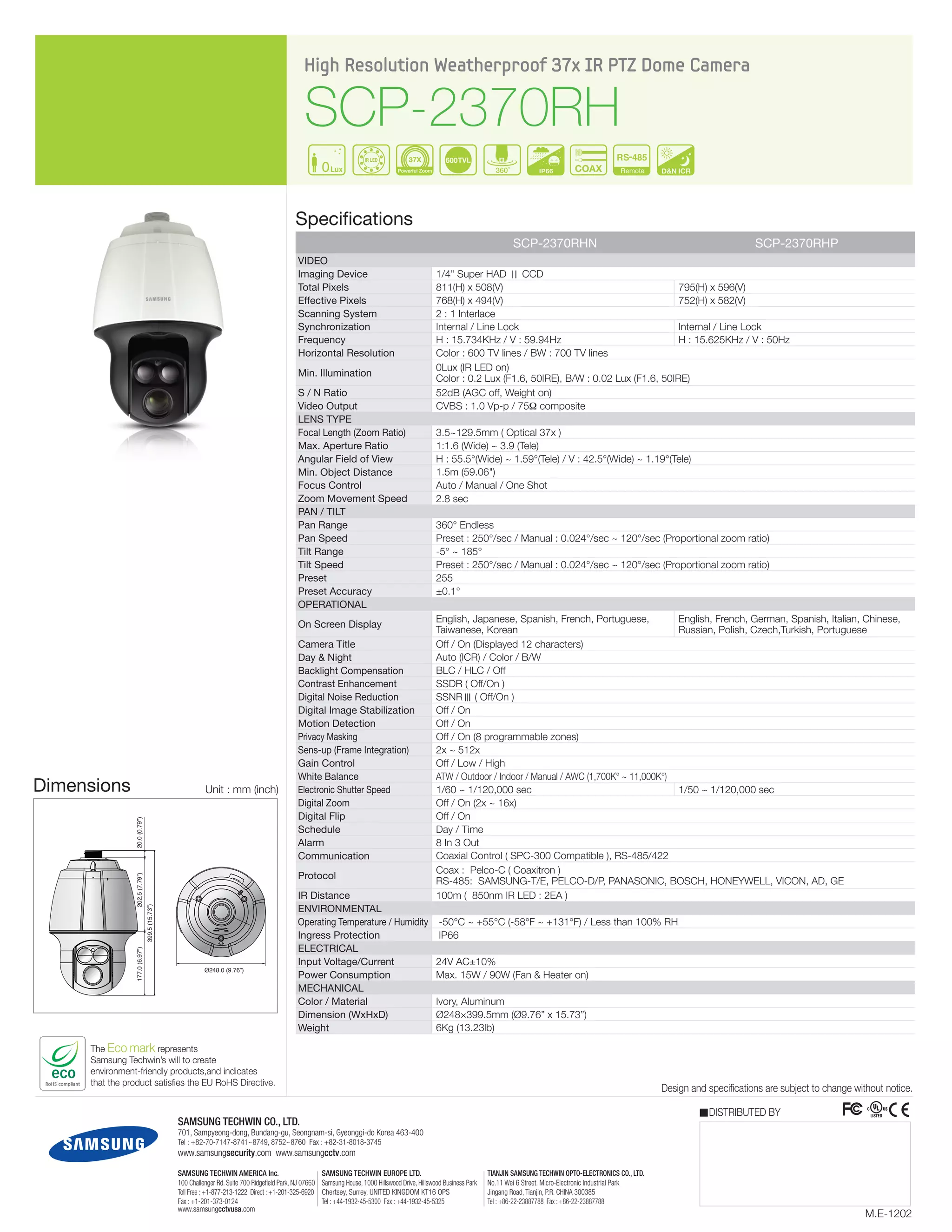 Samsung Techwin SCP-2370RH Data Sheet | PDF