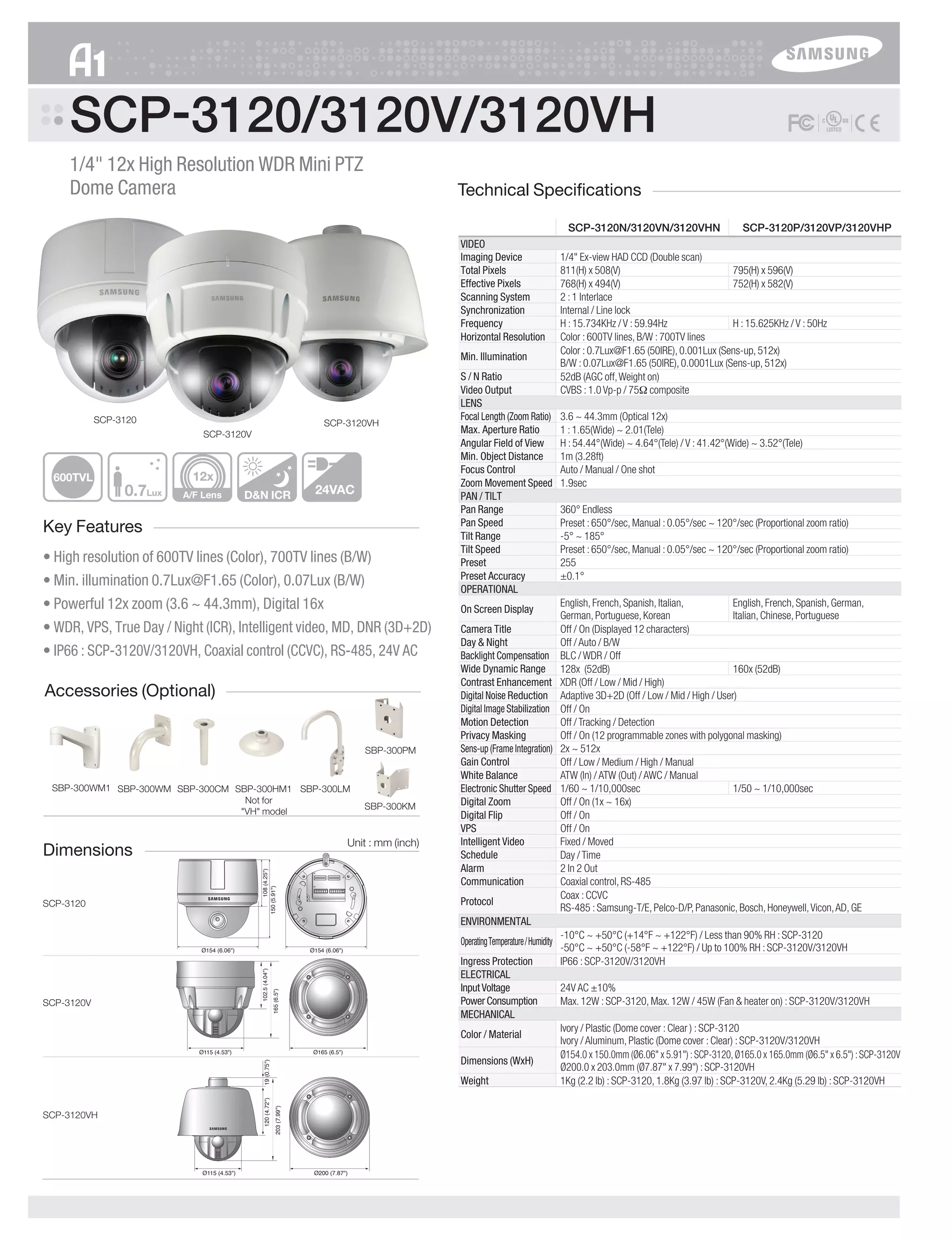 Samsung Techwin SCP-3120V Data Sheet | PDF | Cameras and Camcorders | Consumer Electronics