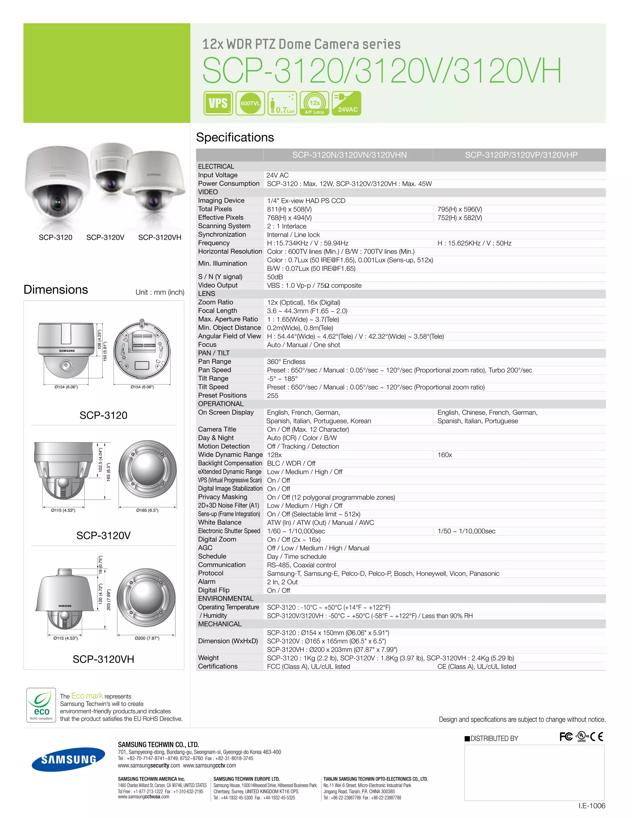 Samsung Techwin SCP-3120VH Data Sheet | PDF