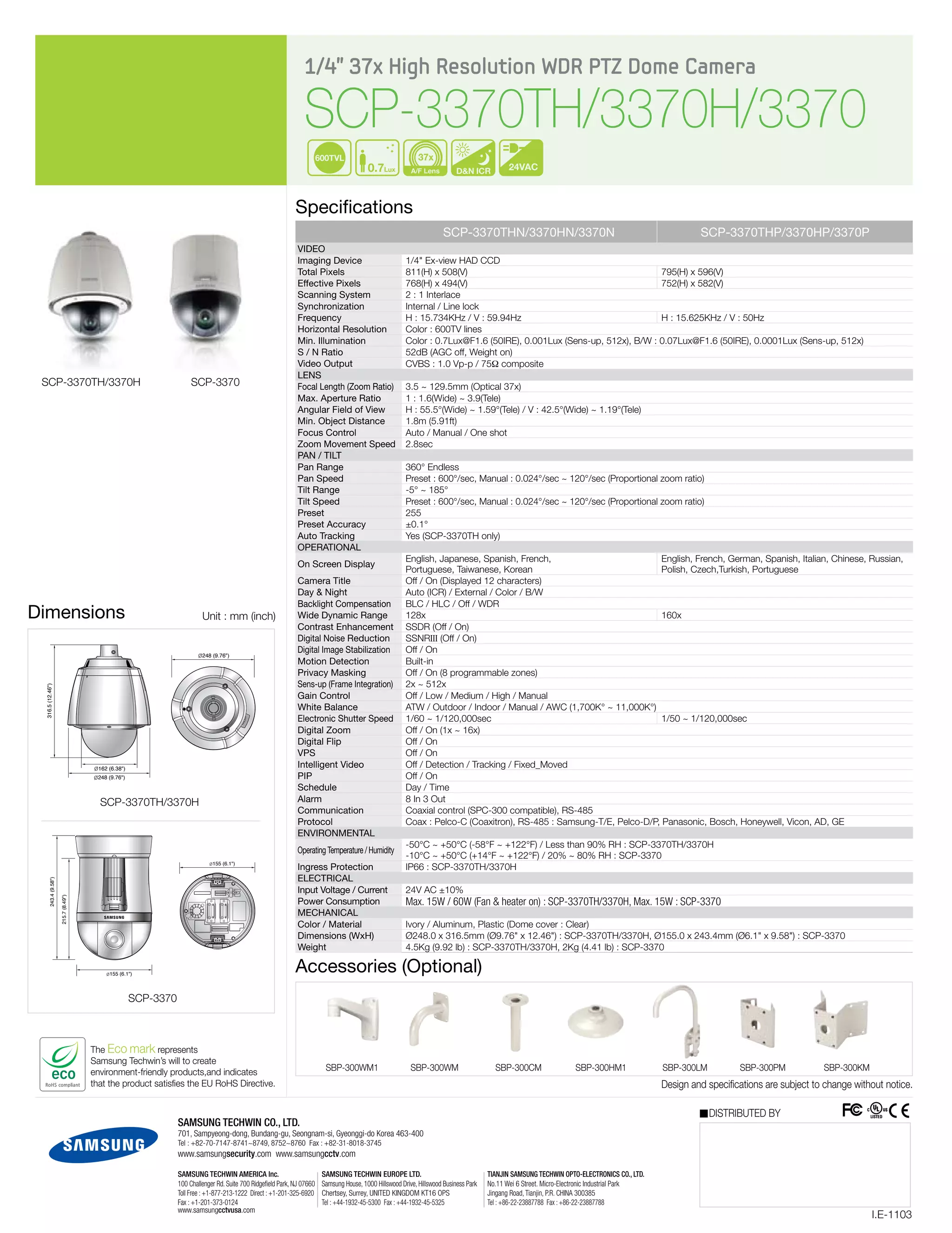 Samsung Techwin SCP-3370 Data Sheet | PDF | Cameras and Camcorders | Consumer Electronics
