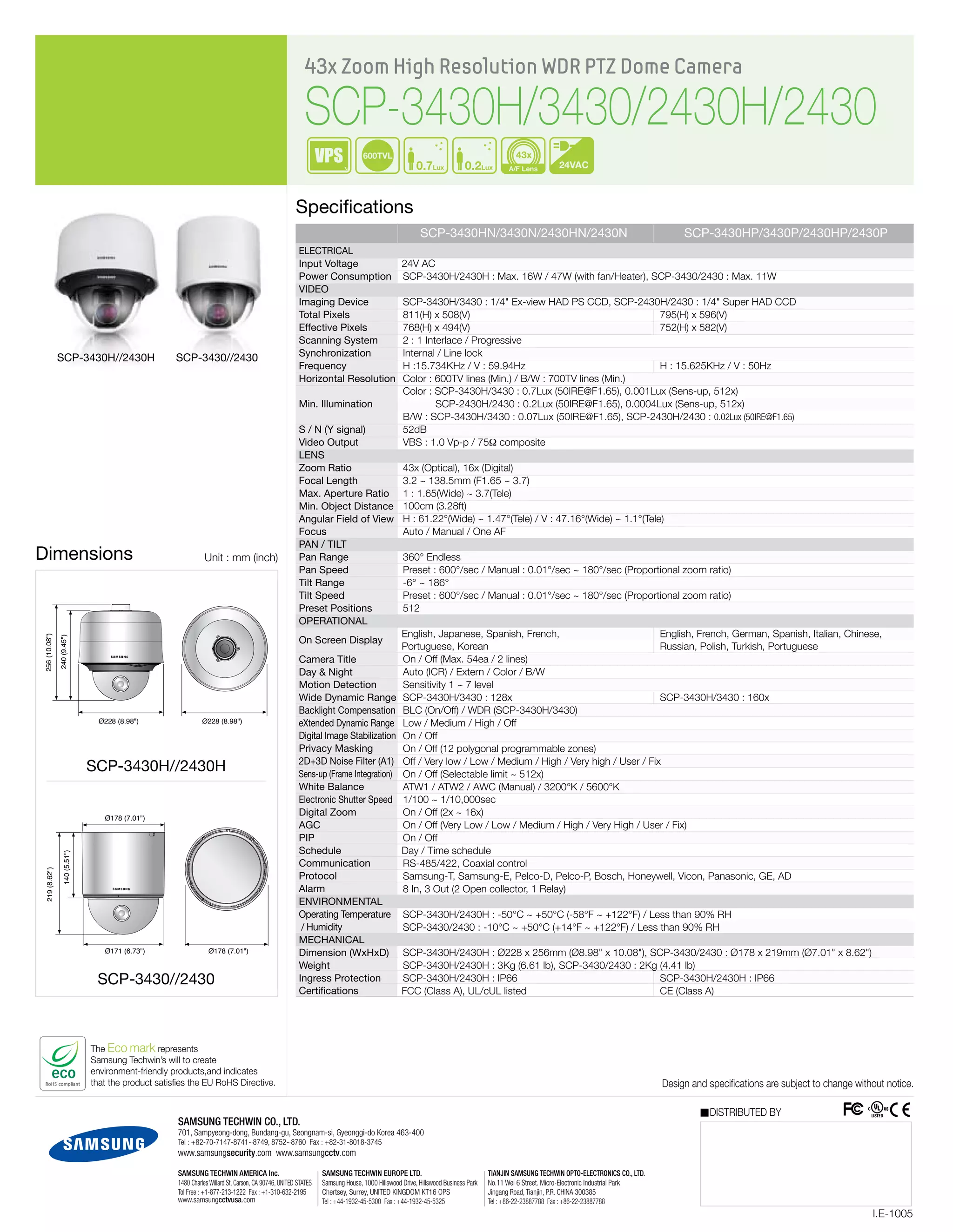 Samsung Techwin SCP-3430H Data Sheet | PDF