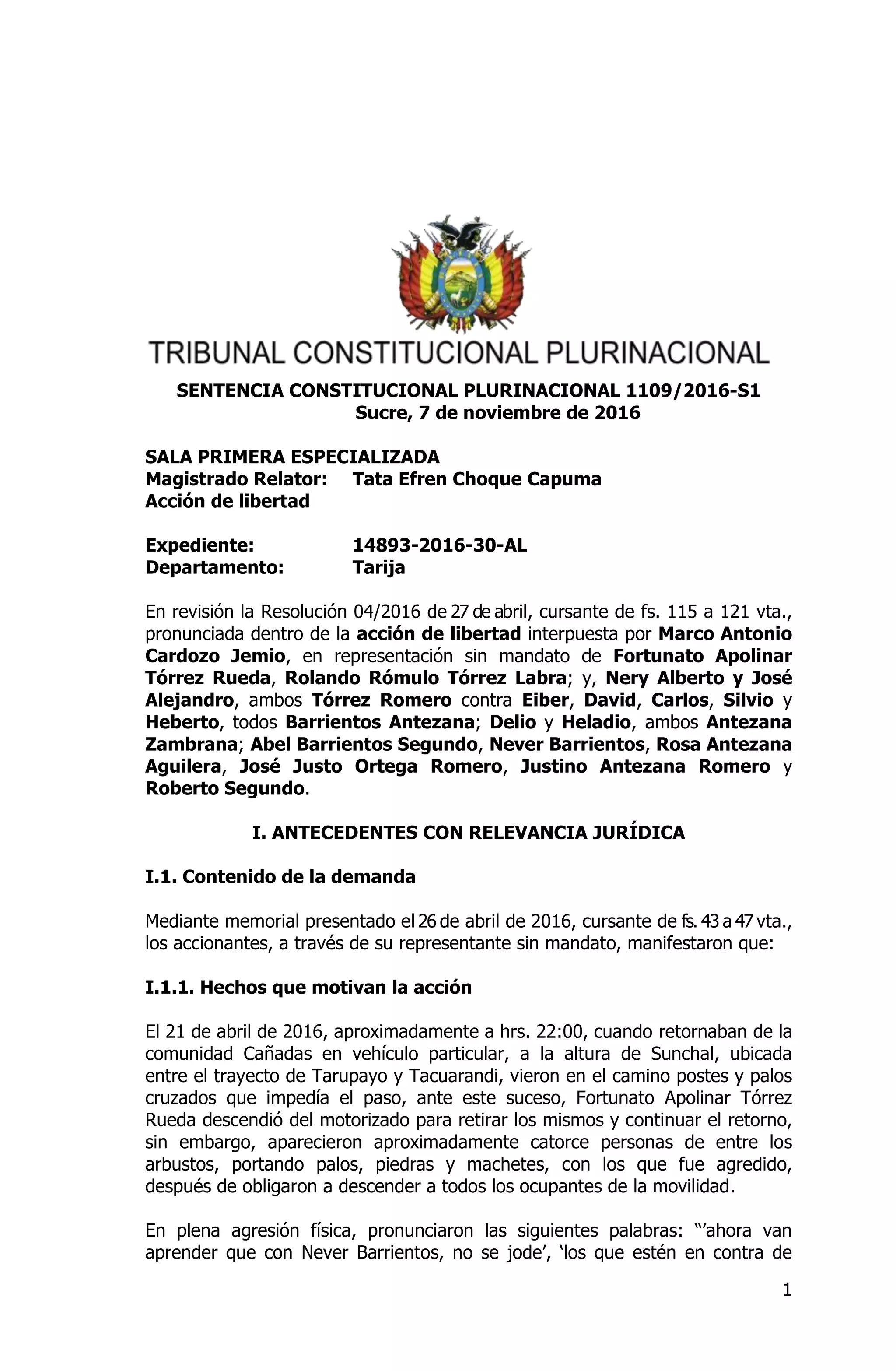 SCP 1109 2016-s1 Marco Antonio Cardozo Jemio - Derecho a la vida e ...