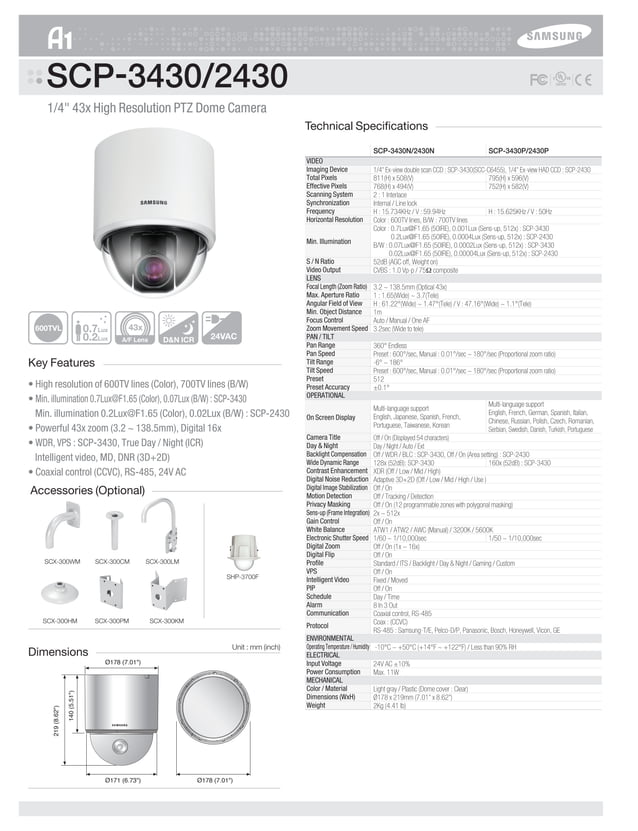 Samsung Techwin SCP-3430 Data Sheet | PDF | Cameras and Camcorders | Consumer Electronics