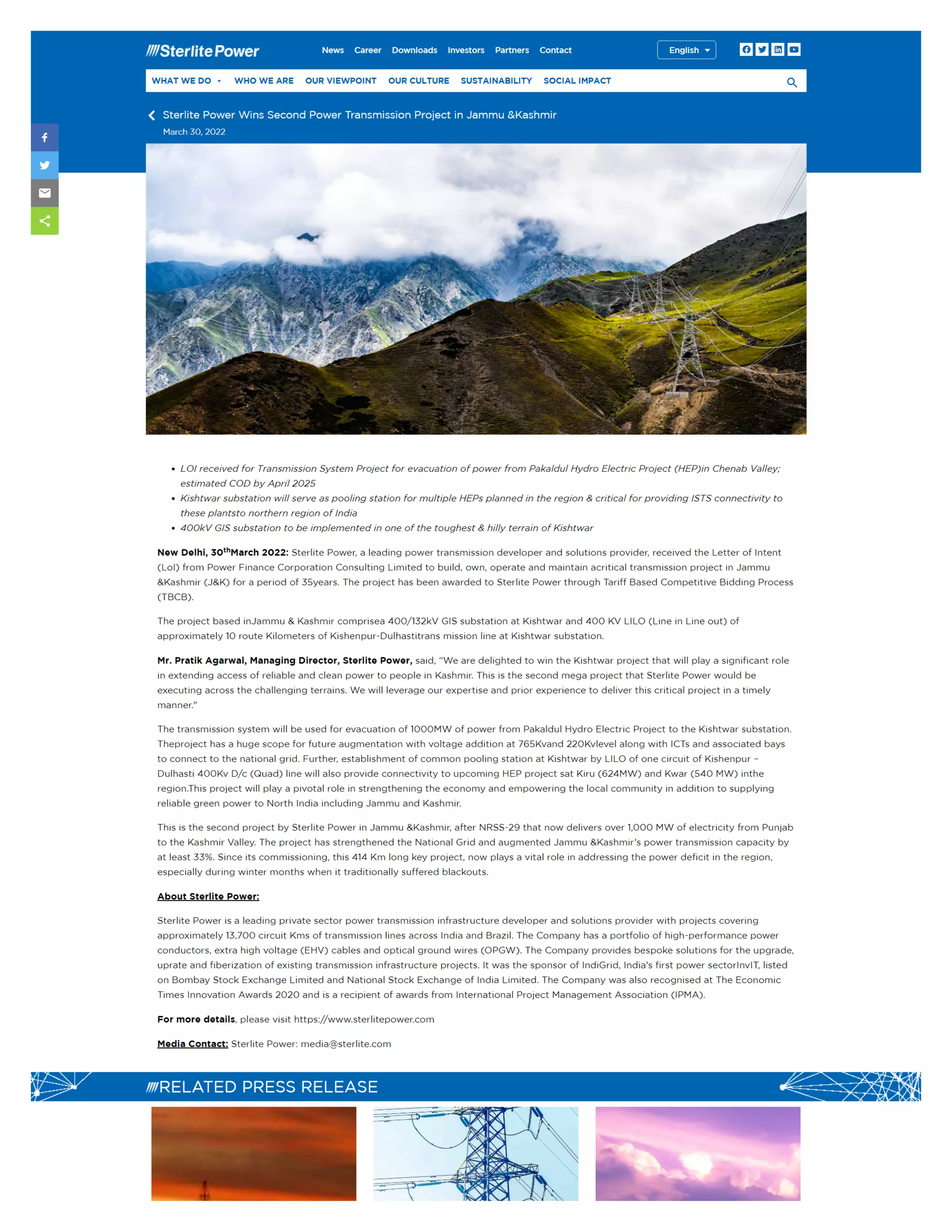 Sterlite Power Wins Second Power Transmission Project in Jammu &Kashmir ...