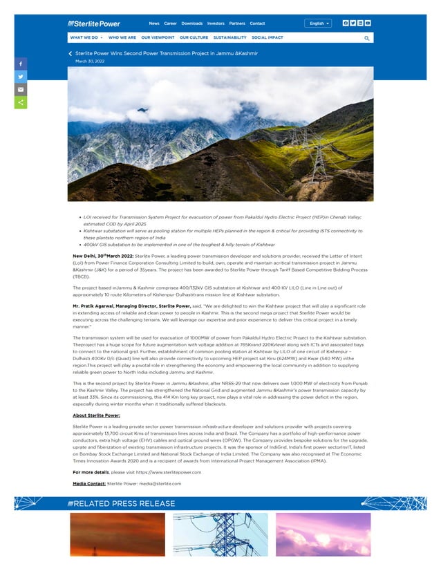 Sterlite Power Wins Second Power Transmission Project in Jammu &Kashmir | PDF