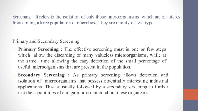 Screening of industrial microorganisms | PPTX | Chemistry | Science