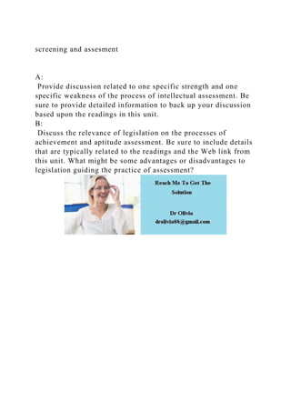 screening and assesmentA Provide discussion related to one .docx