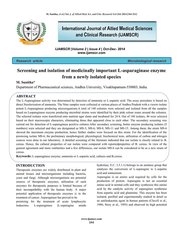 Screening and isolation of medicinally important L-asparaginase enzyme ...