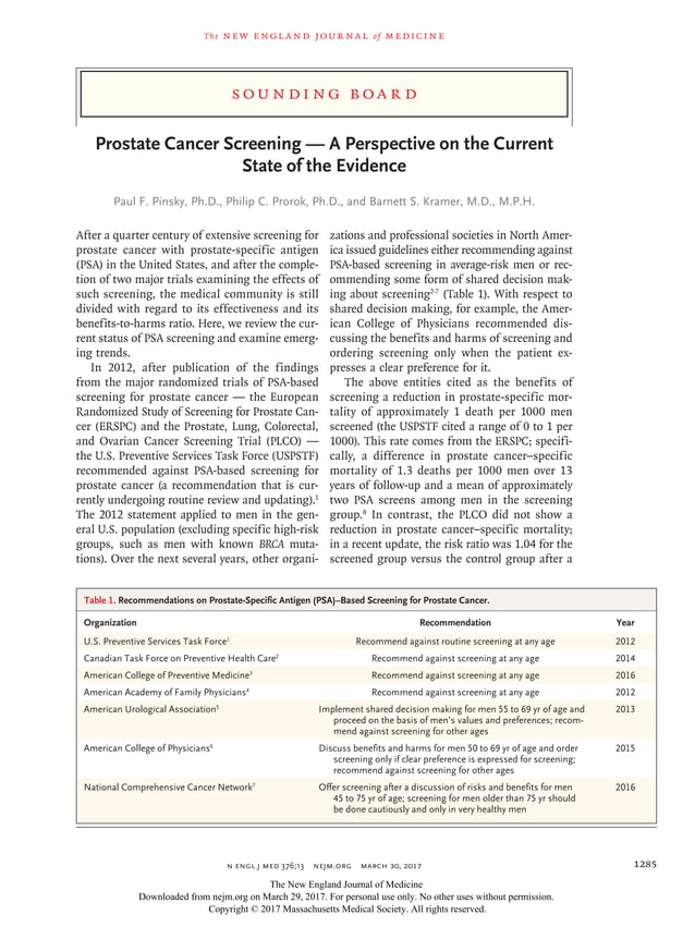 Screening cáncer próstata, nejm, marzo 2017 | PDF