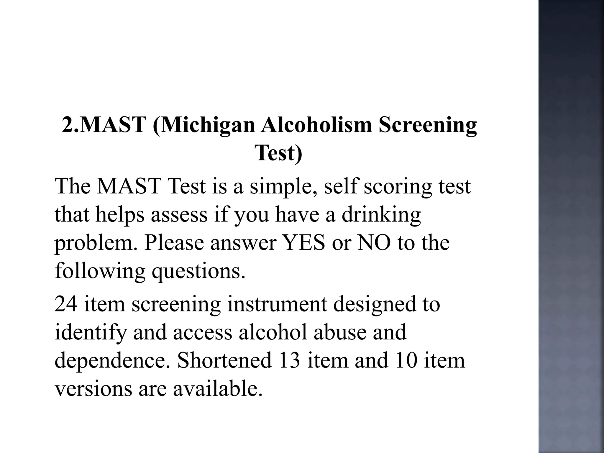 Screening instruments for Substance use disorders | PPTX