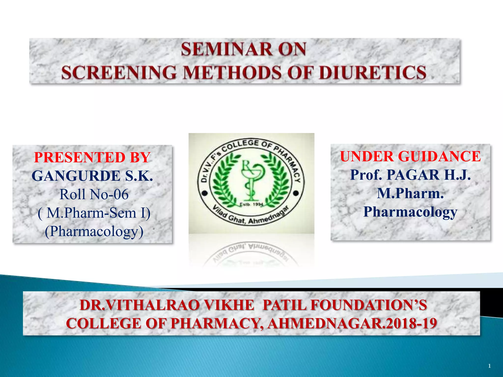 Screening of Diuretics M.PHARM PHARMACOLOGY. | PPTX