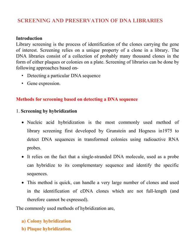 SCREENING OF DNA LIBRARIES : hybridization, immunological method ...