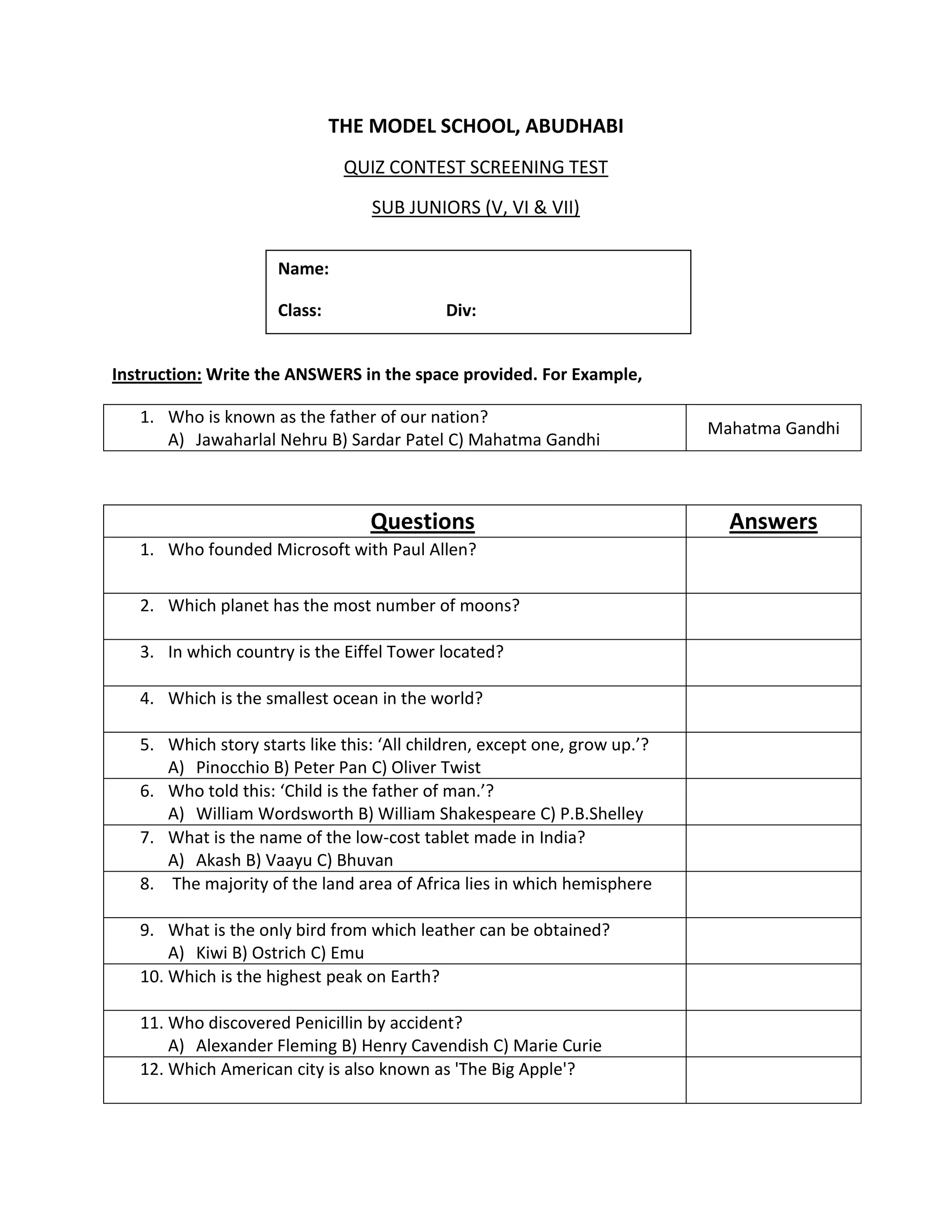 Screening Test Sub-Juniors | DOCX