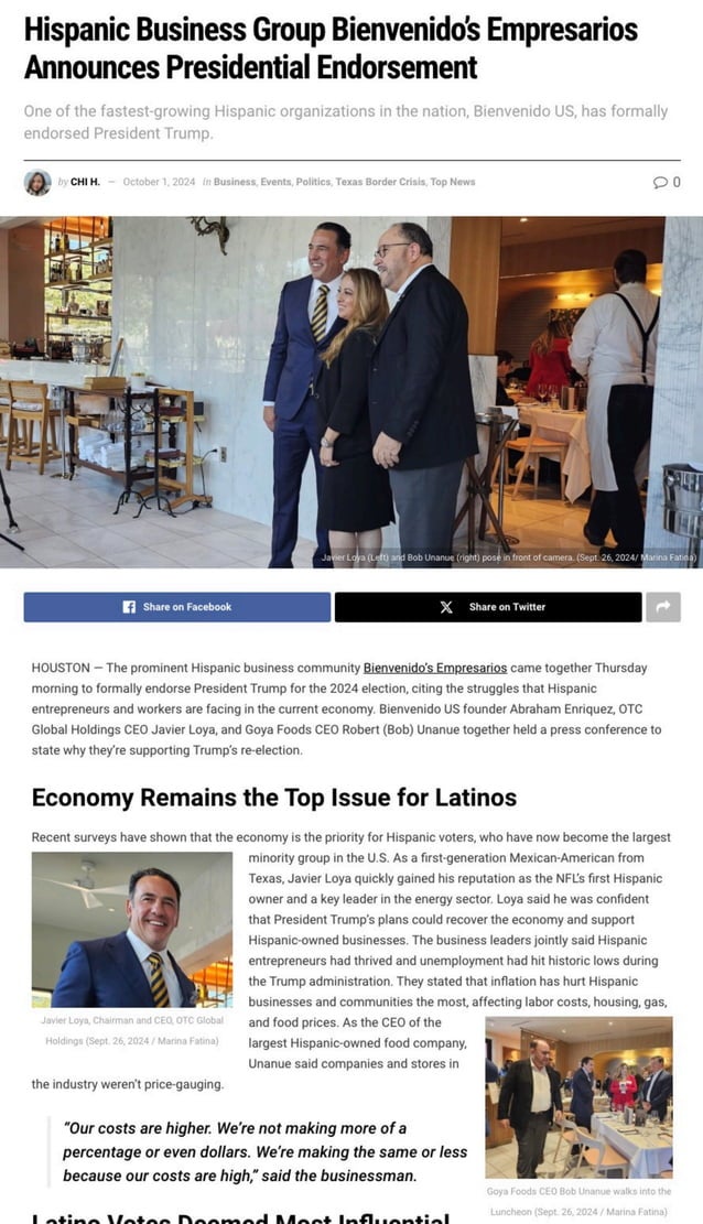 Hispanic Business Group Bienvenido’s Empresarios Announces Presidential ...