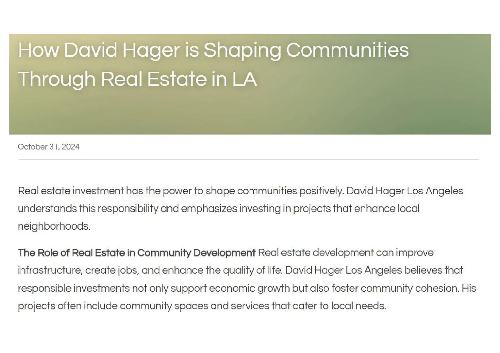 David Hager Los Angeles: Transforming Real Estate Investment and Development in the City of ...