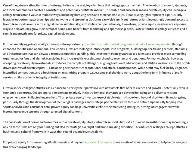 Private Equity Takes Aim at College Athletics [Appraisal Economics] | PDF