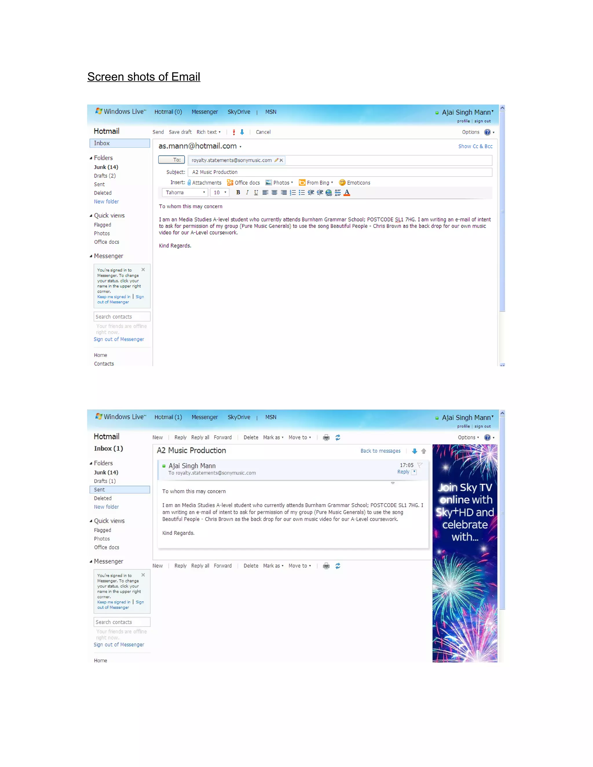 Screen shots of email | DOC