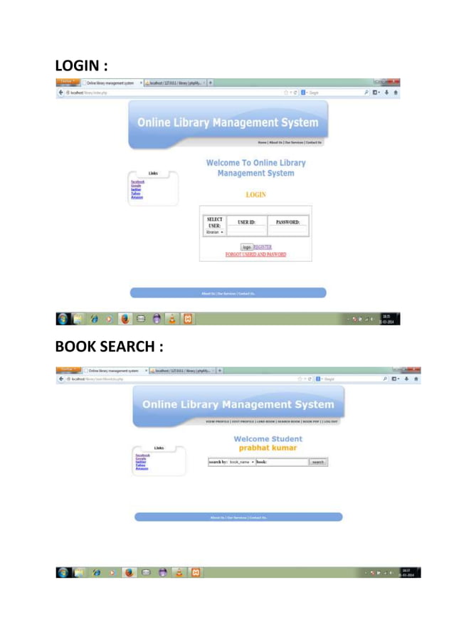 Screen shots of libraray management system | PDF