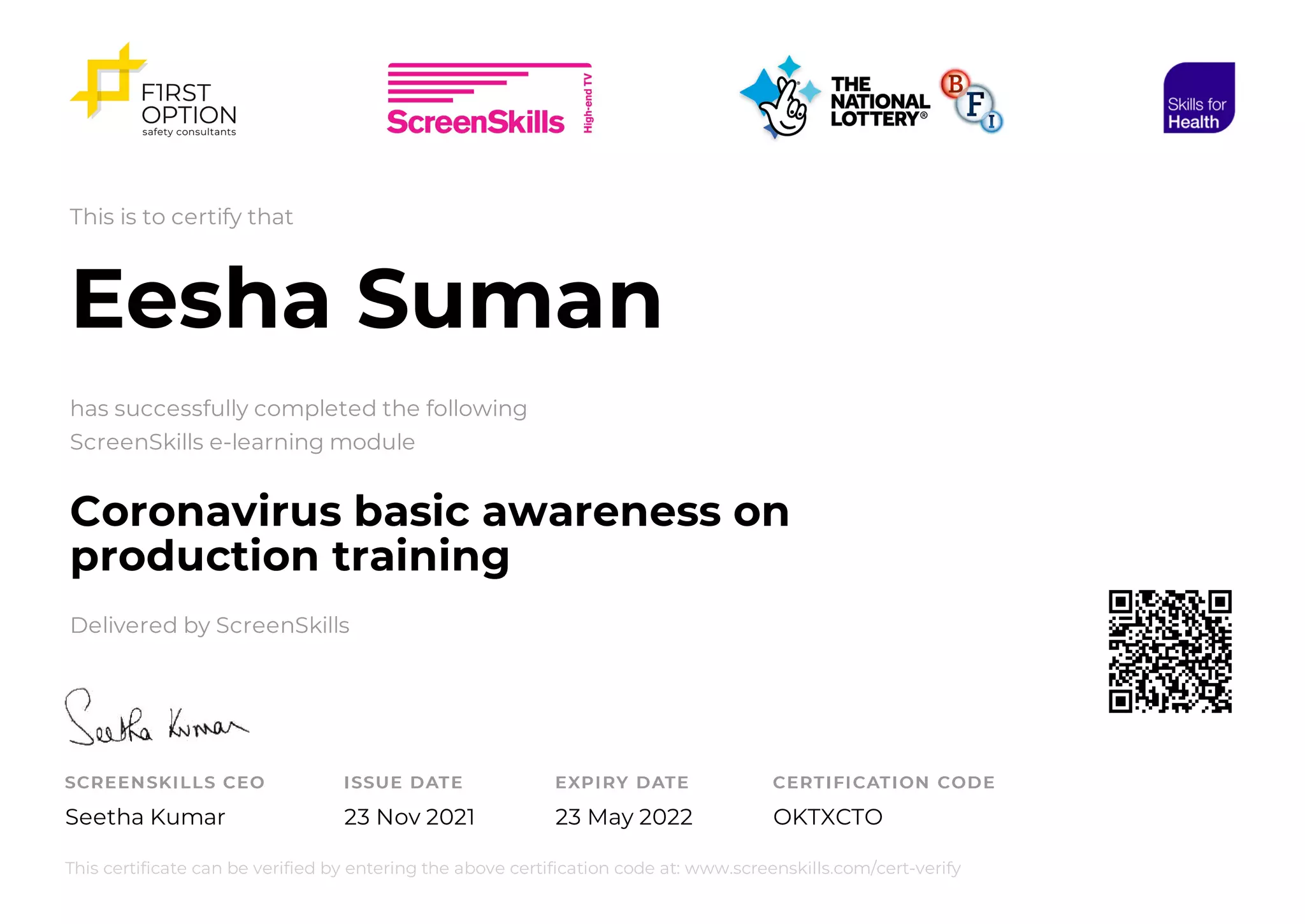 Screenskills cert-coronavirus-basic-awareness-on-production-training-eesha-suman | PPT