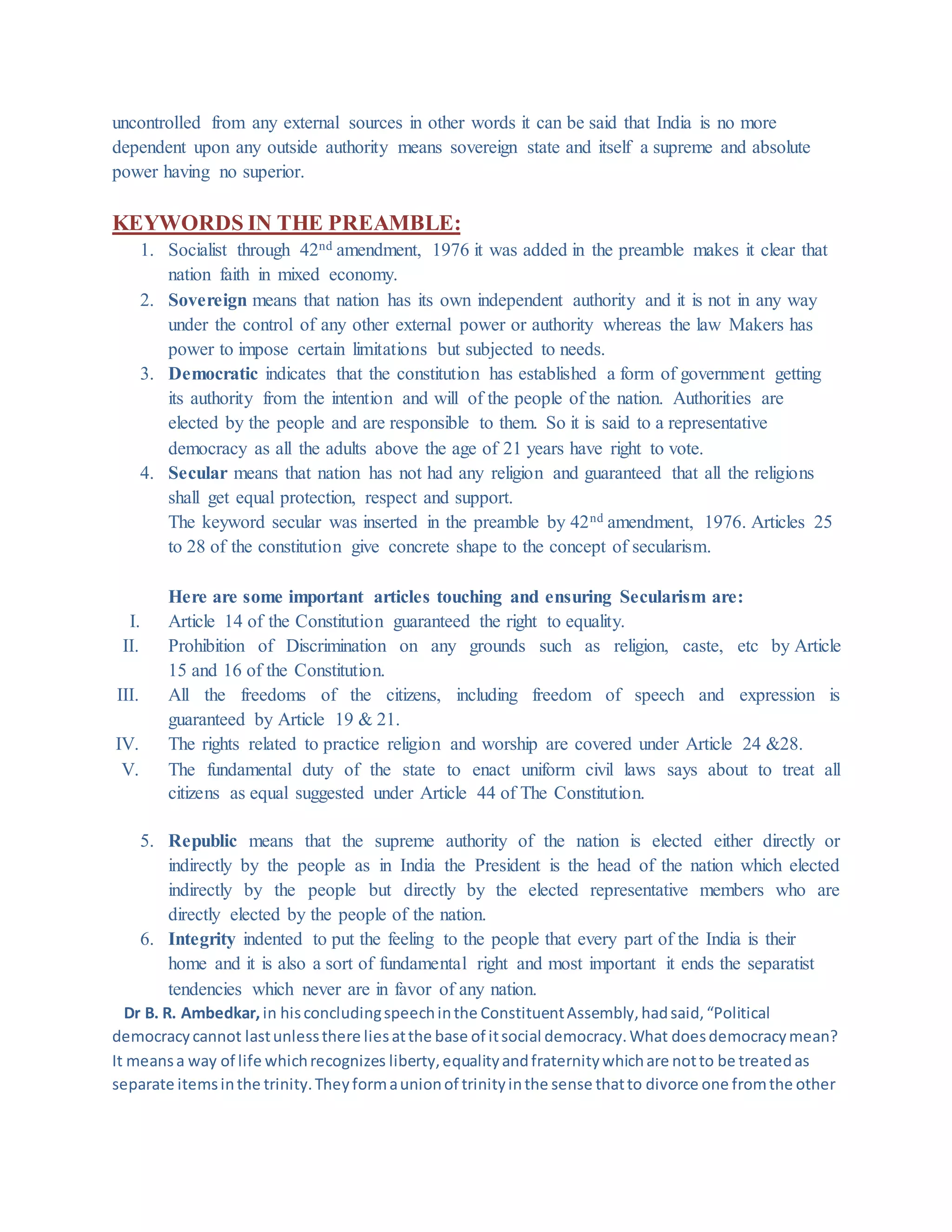 PREAMBLE OF THE INDIAN CONSTITUTION | DOCX