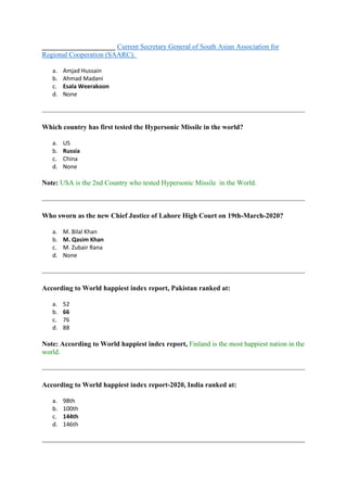 Pakistan current affairs mcqs for fpsc ppsc nts pts test preparation | PDF