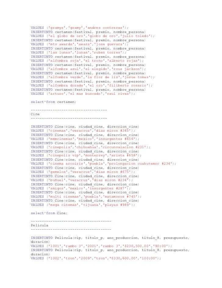 Scrip De La Base De Datos Cine